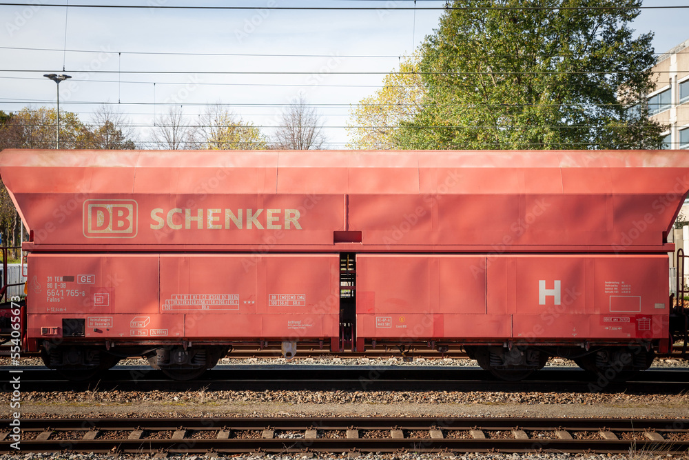 SITTARD, NETHERLANDS - NOVEMBER 10, 2022: DB Schenker logo on a freight ...