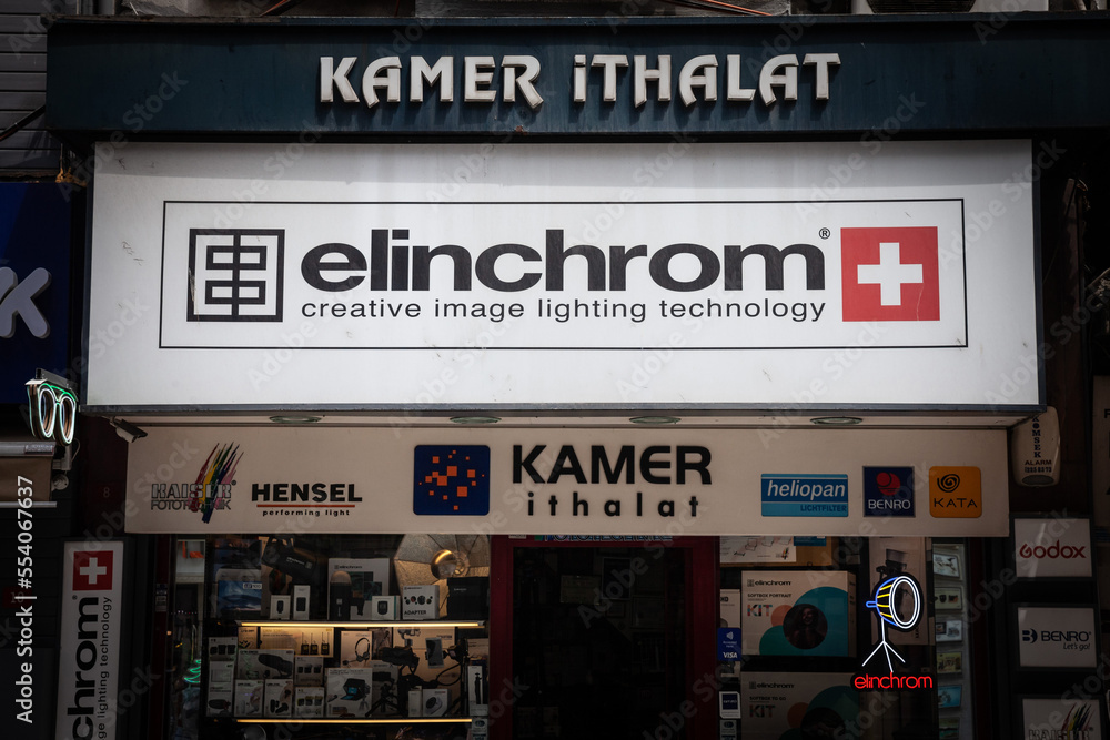 ISTANBUL, TURKEY - MAY 23, 2022: Elinchrom logo on their retailer for ...