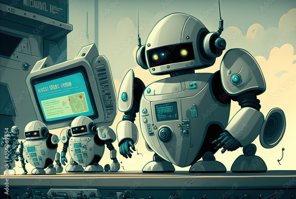 Cartoon security robots and a computer chatbot. Generative AI Stock ...