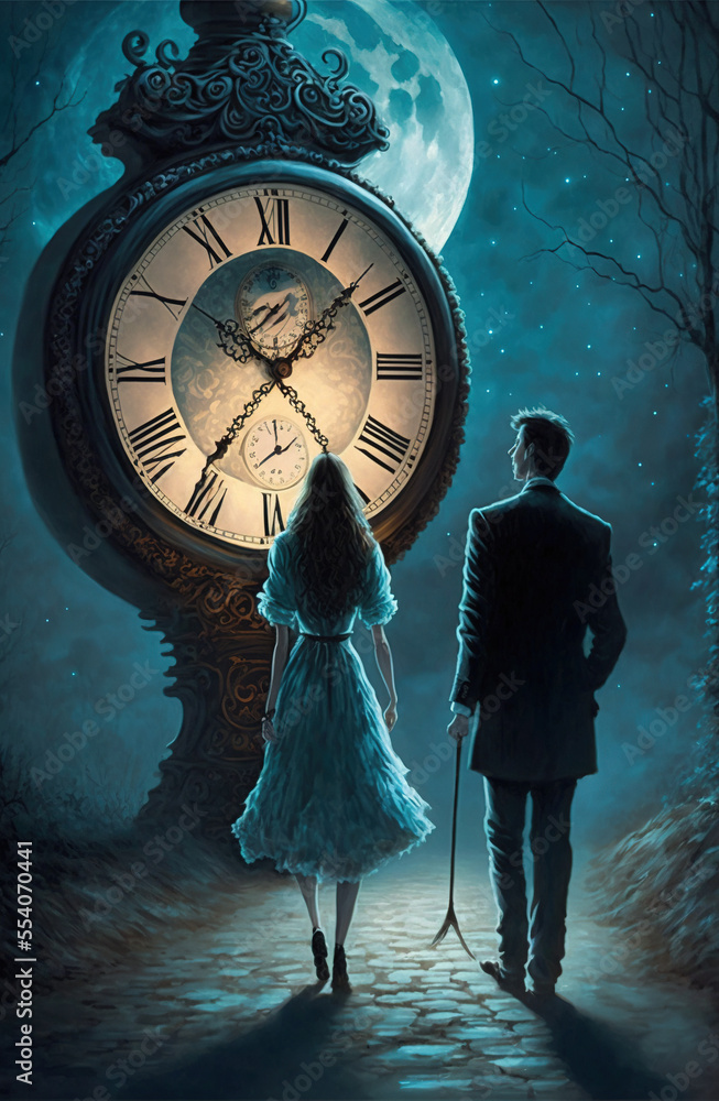 Relaxed couple meeting in front of clock, concept artwork. The passage ...