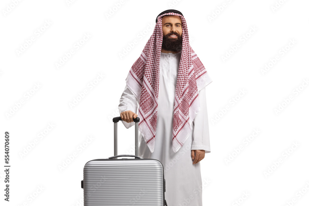 Saudi arab man in a thobe posing with a suitcase Stock Photo | Adobe Stock
