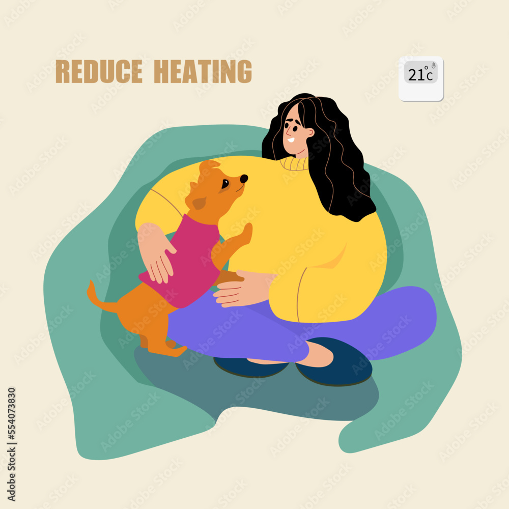 Reduce heating. Save Energy. Woman and Her Pet Doggy are Hugging each ...