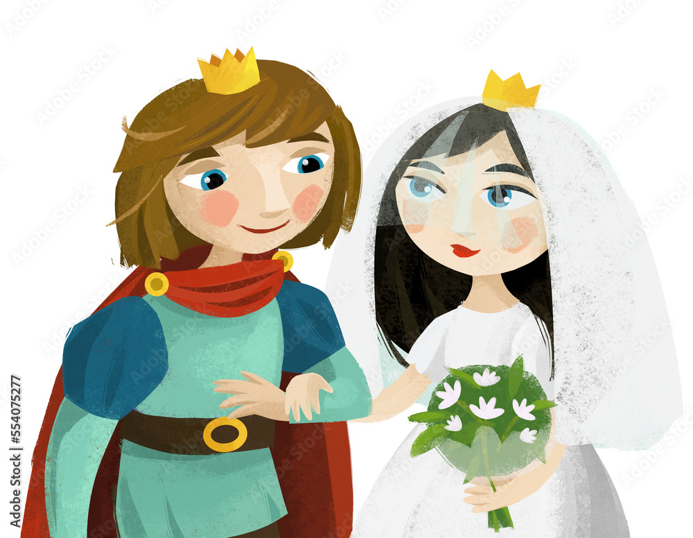 cartoon scene with prince king and princess queen on white background ...