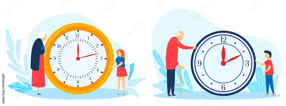 Clock watch time, life start and end period, olad and young people at ...