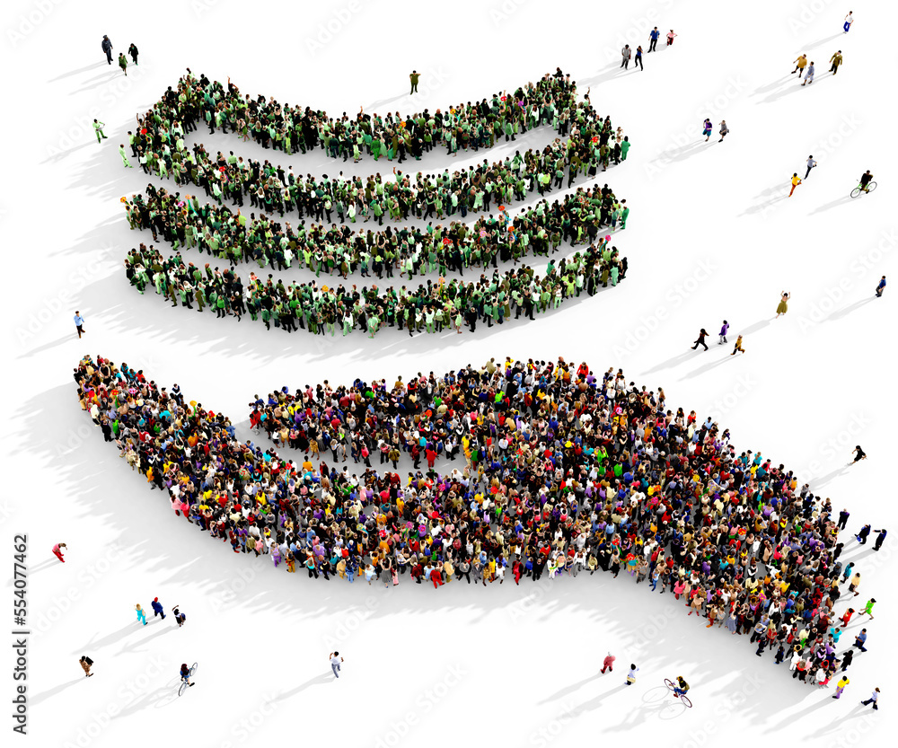 Crowd of people gathered together in the shape of hand holding money ...