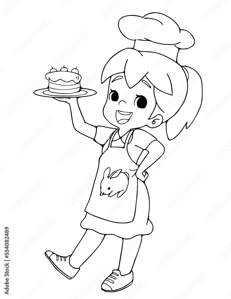 Coloring Page Outline Of cartoon Girl chef with cake at home ,vector ...