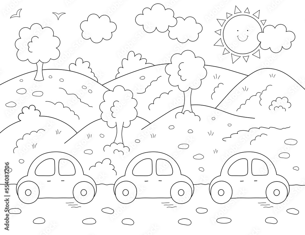 cars, trees and mountains coloring page for kids Stock Illustration ...