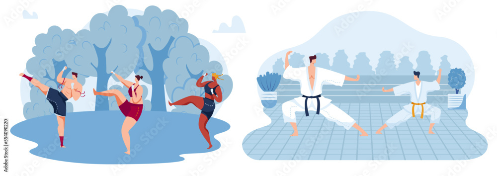 Combat sport, kick fight between people, fighter uniform, attack ...