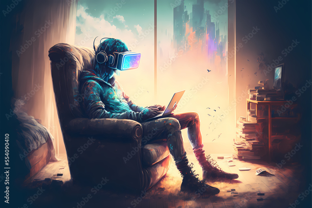 young man sitting on chair wearing a VR headset, concept art of digital ...