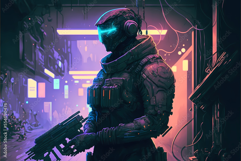 Cyberpunk futuristic super soldier woman standing in full armor with ...
