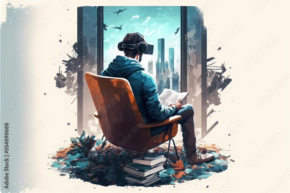 young man sitting on chair wearing a VR headset, concept art of digital ...