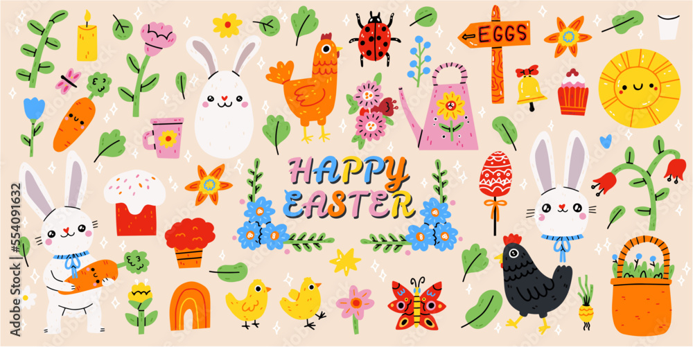 Cute bunny clip art - set of cartoon rabbits and spring design elements ...