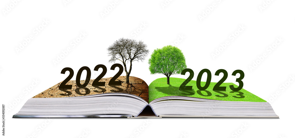 ภาพประกอบสต็อก Open book with number 2022 and 2023 isolated on ...