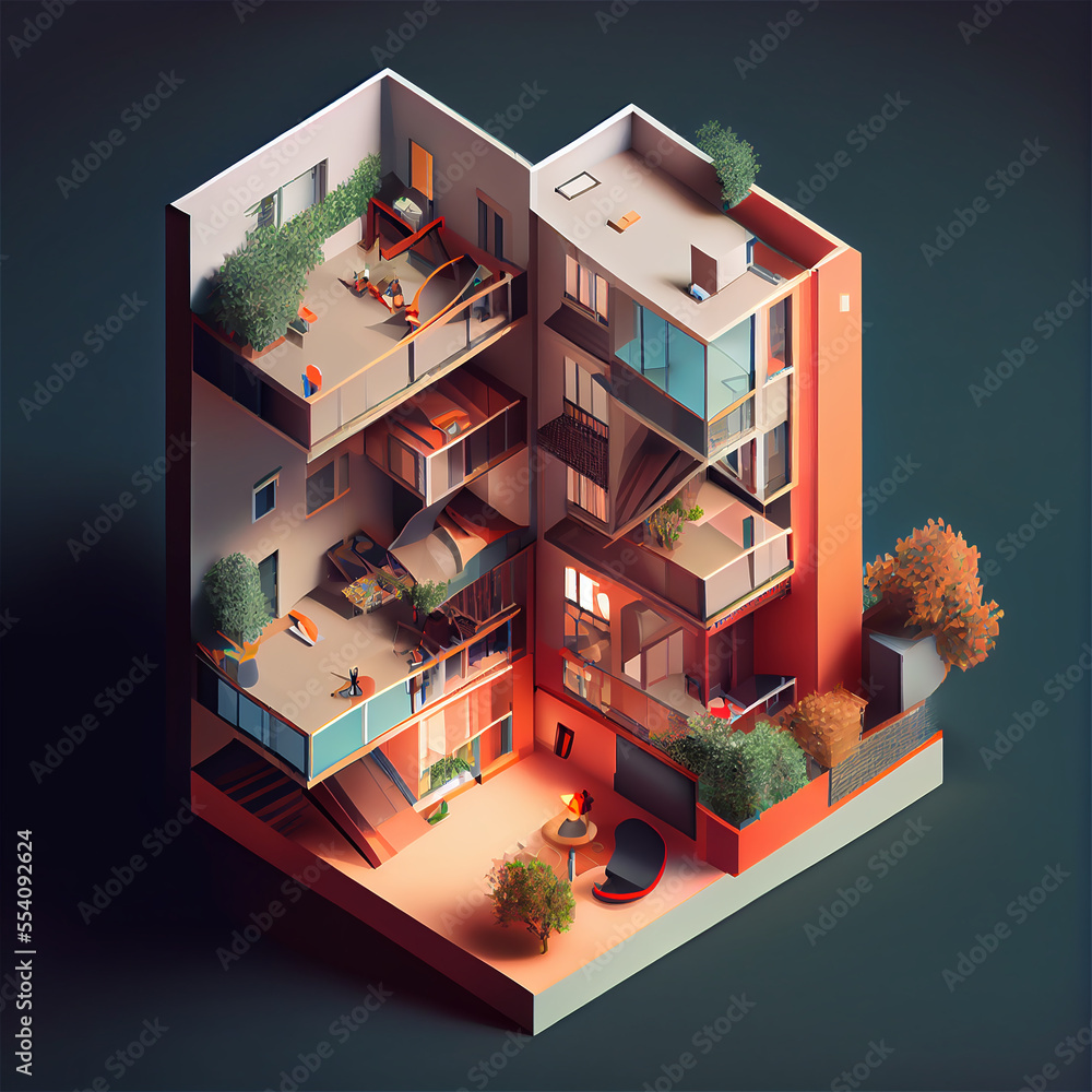 Infographic of an apartment building with exposed walls showing all ...