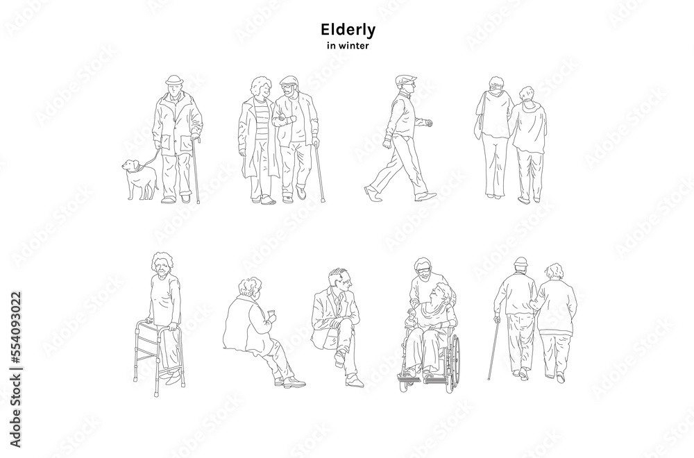 Eldery people line cad art. Vector illustration of senior men and women standing walking talking ...