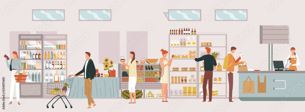 People queue shop, cashier business sale, grocery supermarket, shopping ...