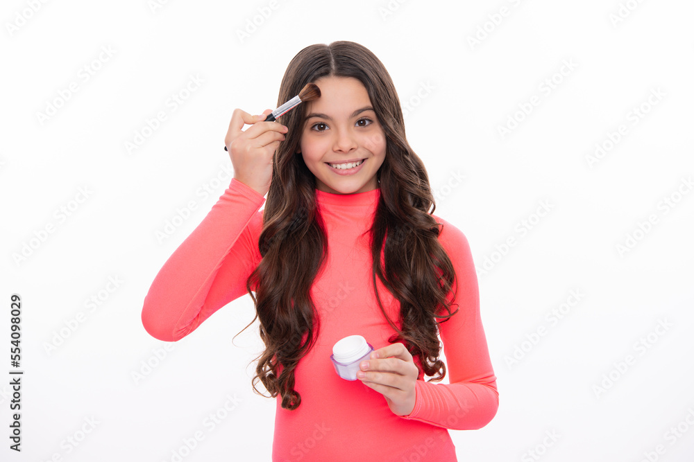 Kids make up products. Makeup teen child artist apply face powder with ...