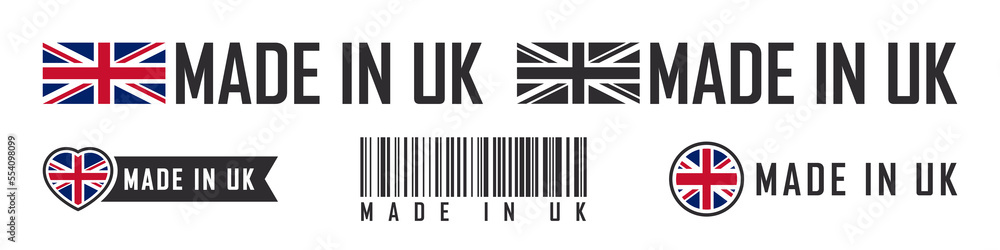 Made in United Kingdom logo or labels. Great Britain product emblems ...