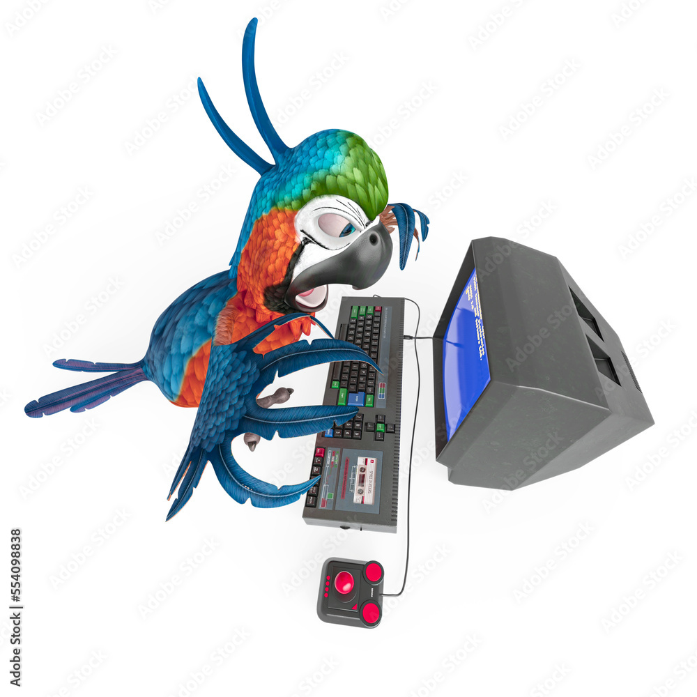 cartoon parrot is angry on the 8 bit computer in top view Stock ...