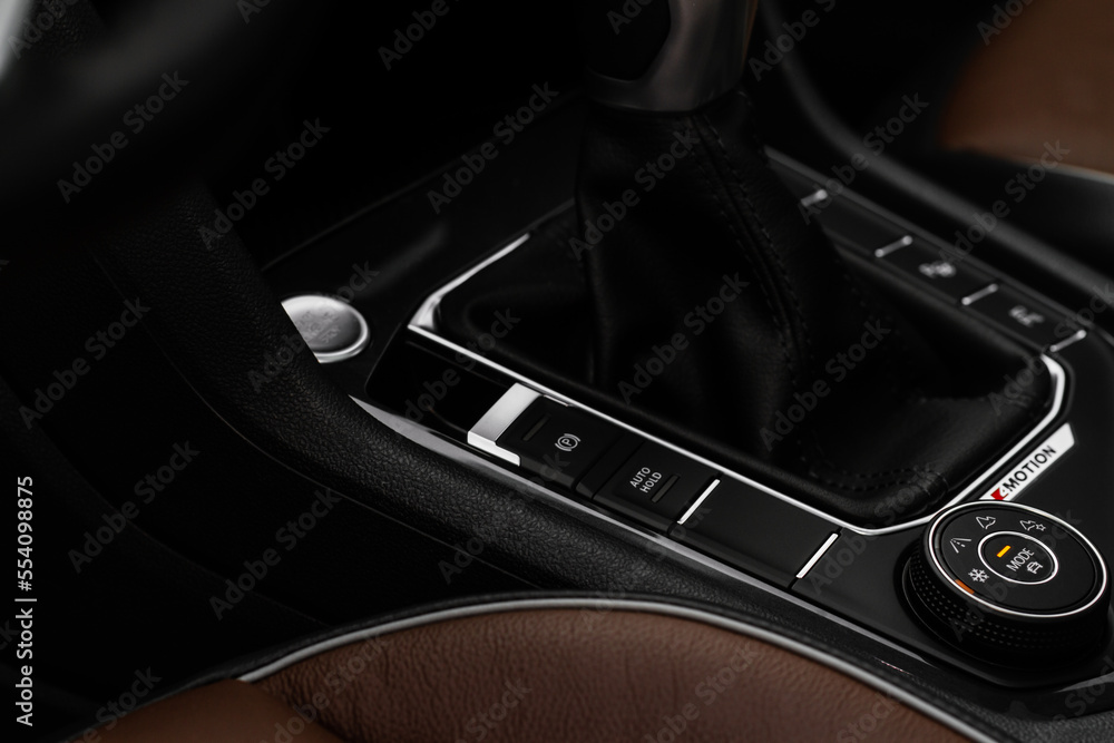 Foto de Parking brake of a modern car. Electronic handbrake. Modrn car ...