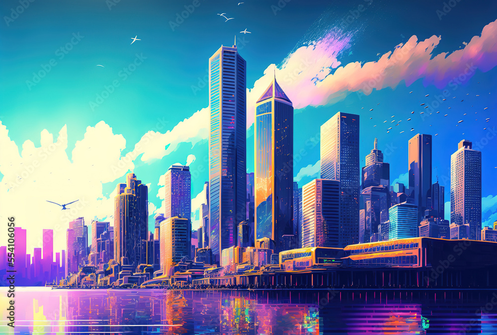 Seattle skyline with waterfront perspective, financial district ...