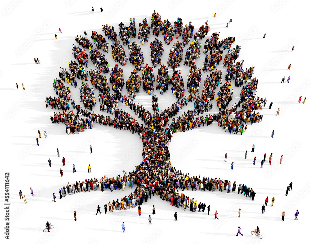Crowd of people gathered together in the shape of large tree, top view ...
