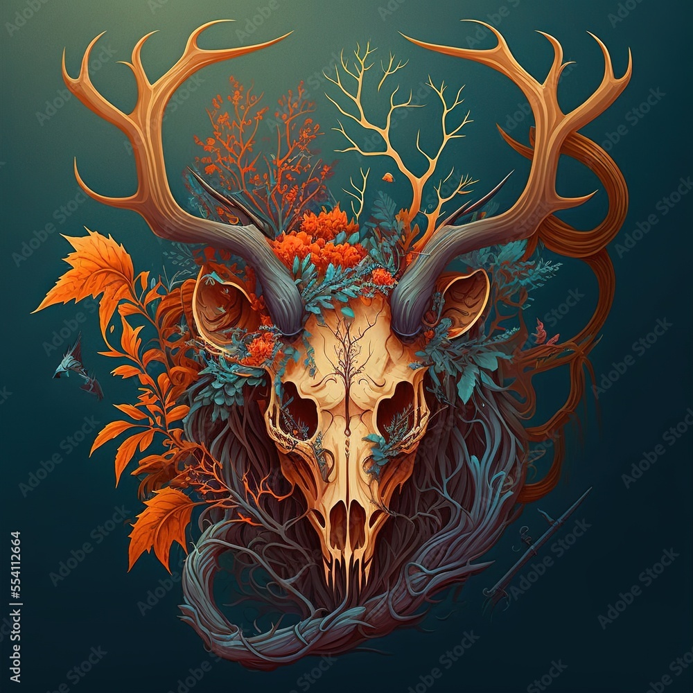 Dragon deer skull floral illustration made with Generative AI Stock ...
