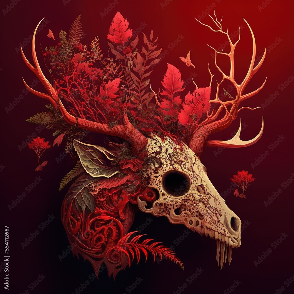 Dragon deer skull floral illustration made with Generative AI Stock ...