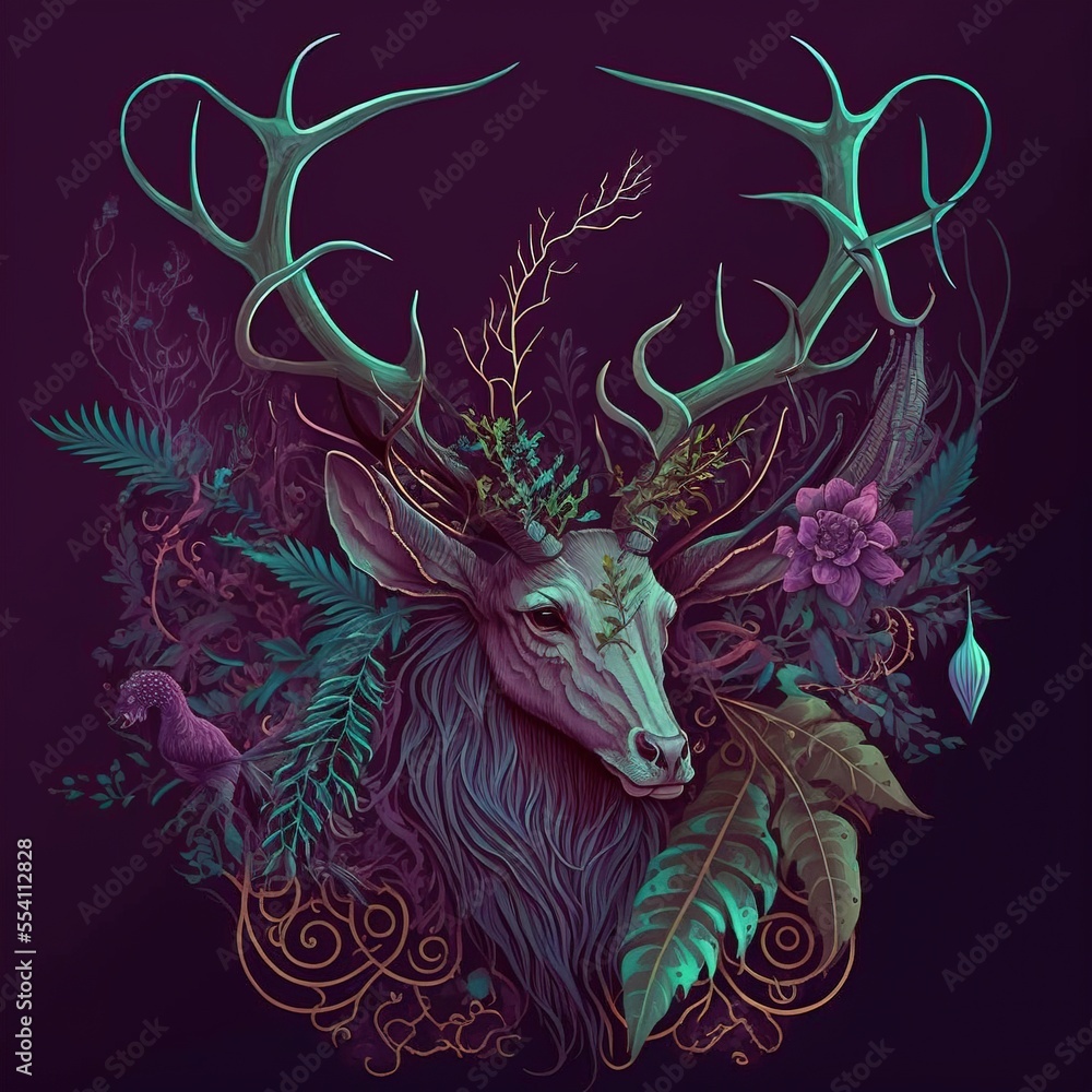Dragon deer skull floral illustration made with Generative AI Stock ...