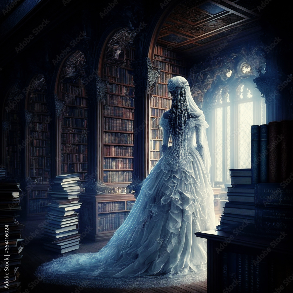 Beautiful ghost of the lady of the castle in the library with moonlight ...
