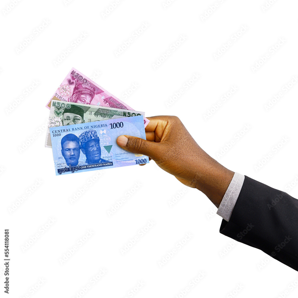 Black hand with suit holding New Nigerian Naira notes isolated on ...