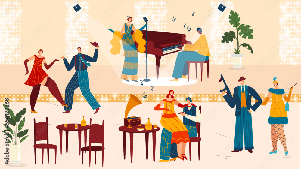People in retro restaurant, vintage party in art deco style, cartoon ...