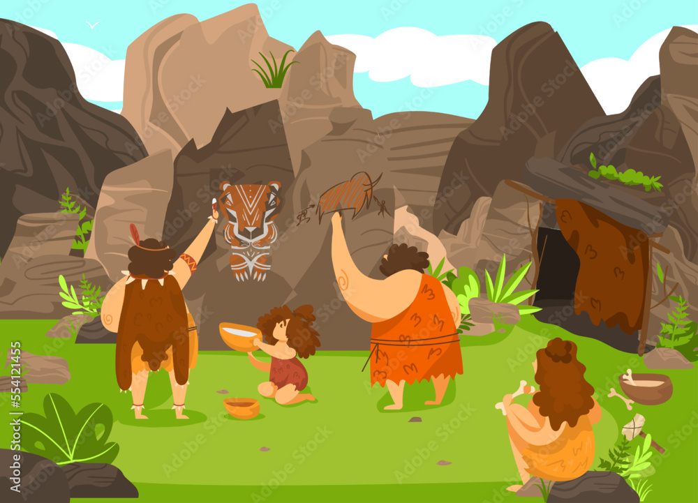 Prehistoric people drawing on rock, stone age cavemen and cute child in ...