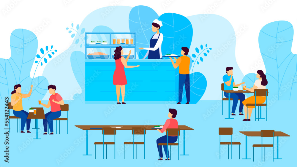 School canteen, cafeteria, children take tray with food, eating at ...