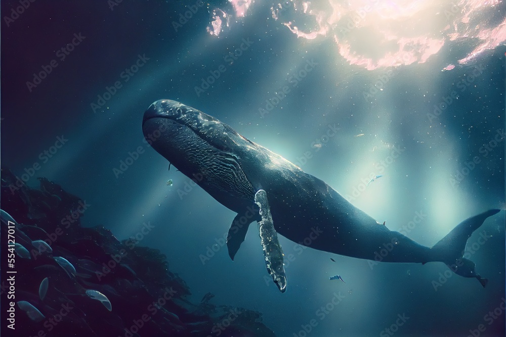 A beautiful Humpback whale is swimming in the ocean. A whale in its ...