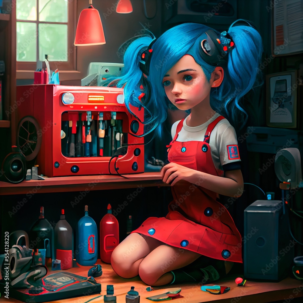 Portrait of a little girl inventor. A little scientist in his workshop ...