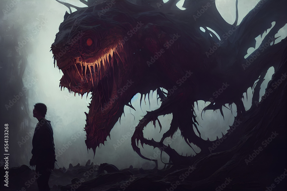 Creepy monster sneaking to eat a human. Stock Illustration | Adobe Stock