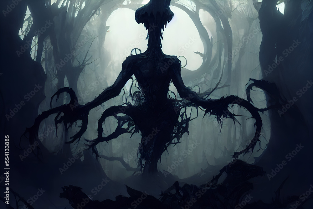 Creepy silhouette of horror monster in the woods. Stock Illustration ...