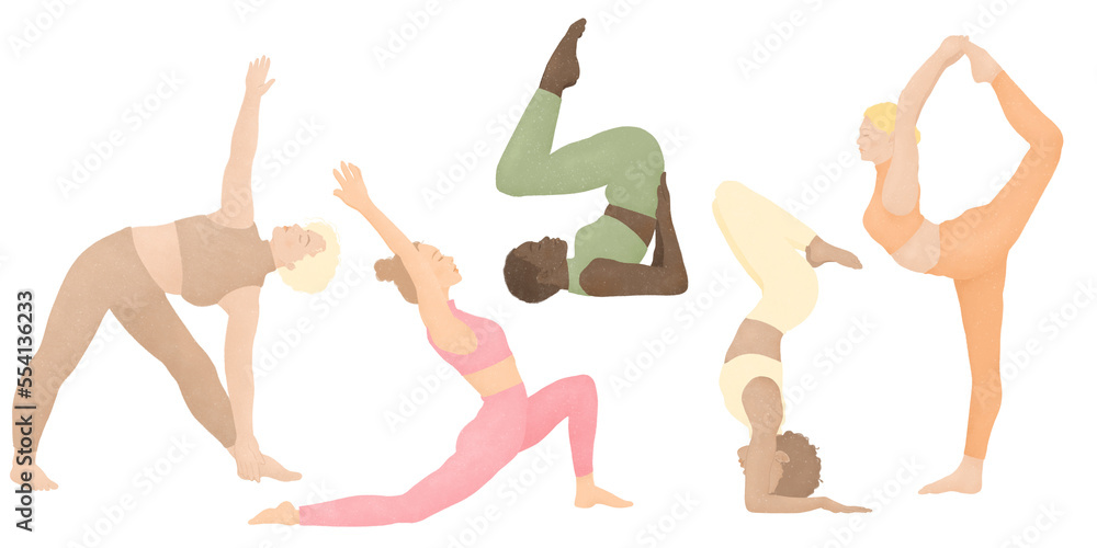 yoga time a group of four young beautiful women with different types of ...