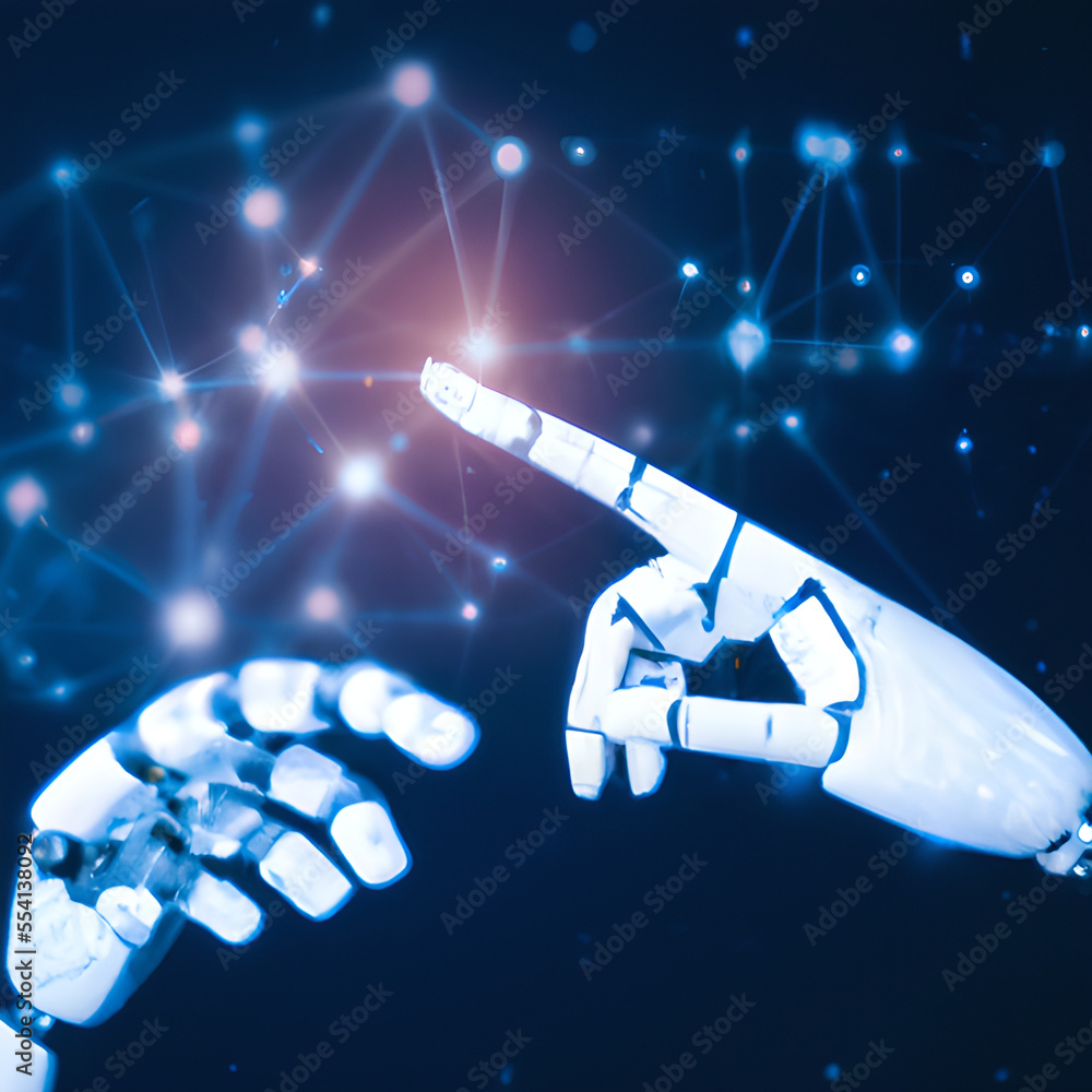 AI, Machine learning, Hands of robot and human touching on big data ...