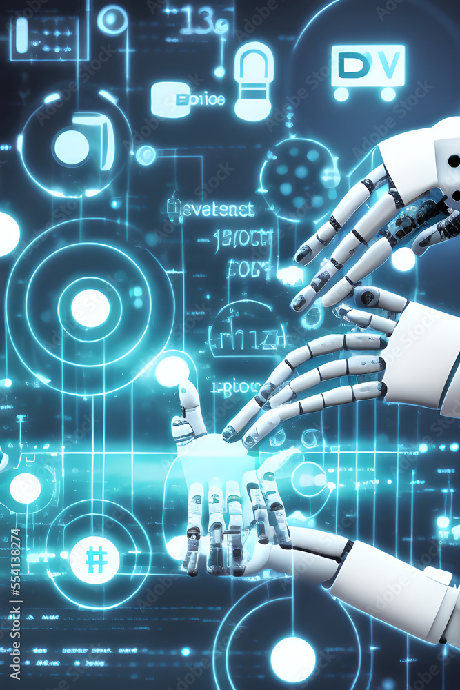 AI, Machine learning, Hands of robot and human touching on big data ...