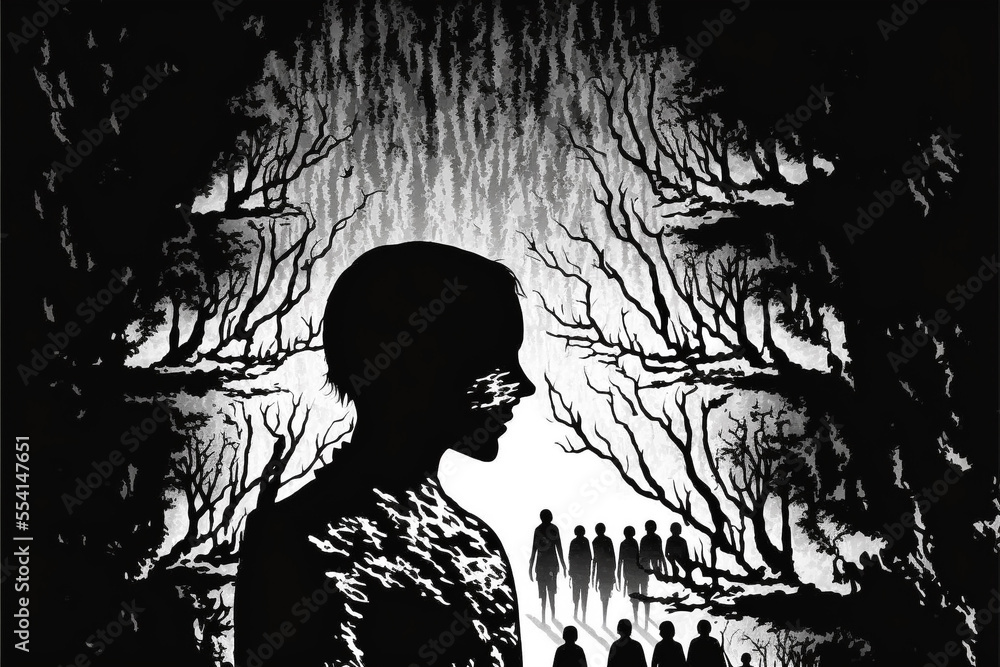 Black and white illustration of a single person dealing with anxiety ...