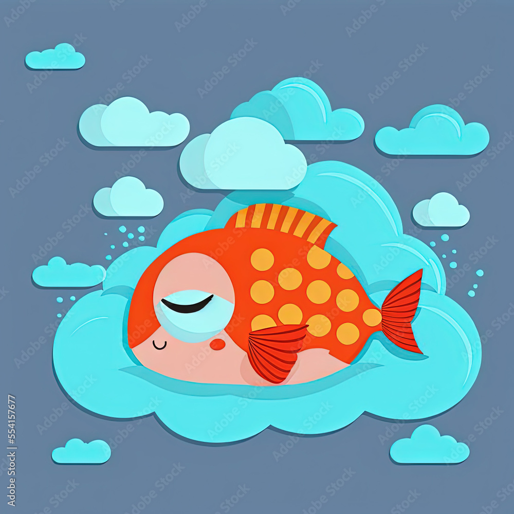 Cute Fish Sleep on a Cloud. KAWAII Stylish Comic Stamp. Flat Minimalist ...