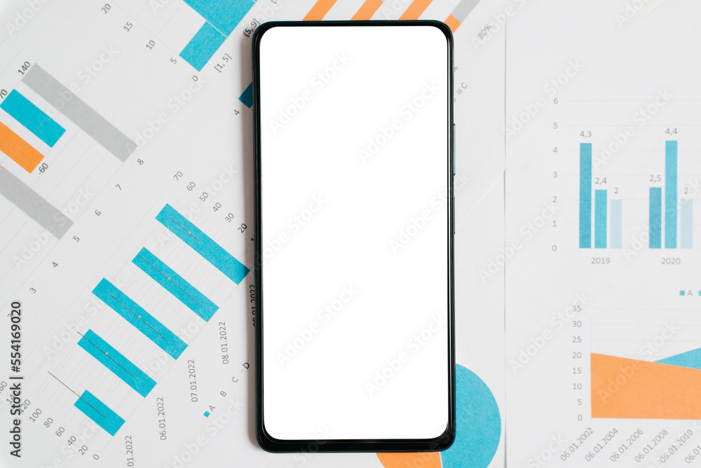 Mobile phone template. Top view smartphone mockup with blank white ...