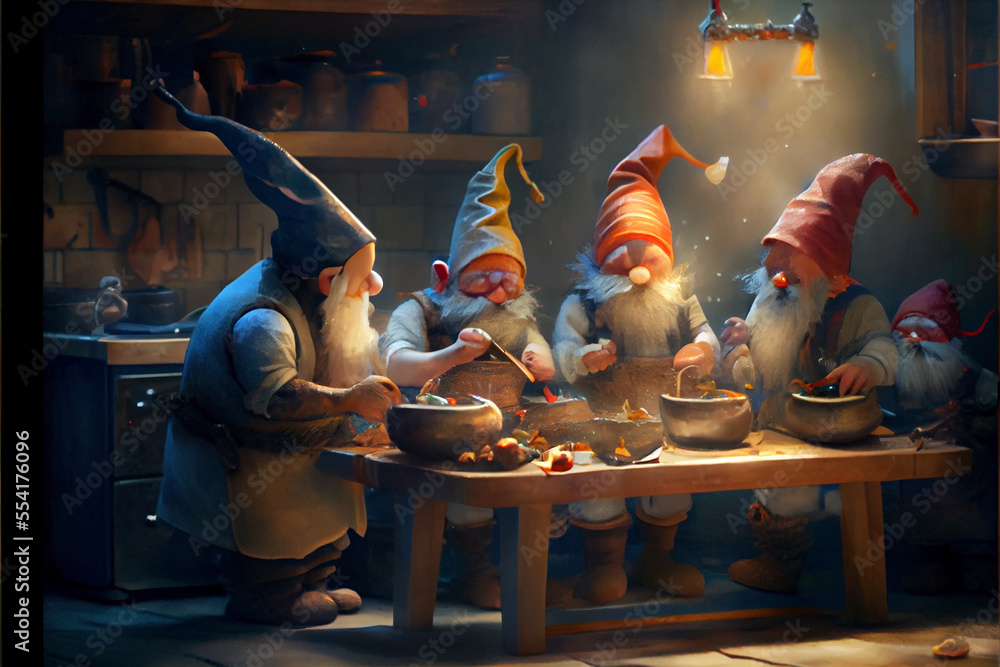 Christmas dinner being prepared by a group of elves in Santa's workshop ...