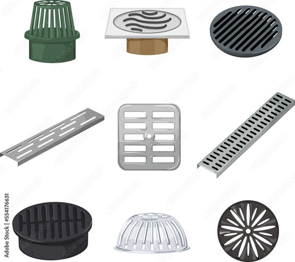 drainage grate water set cartoon. hole drain, sewer shower, manhole ...