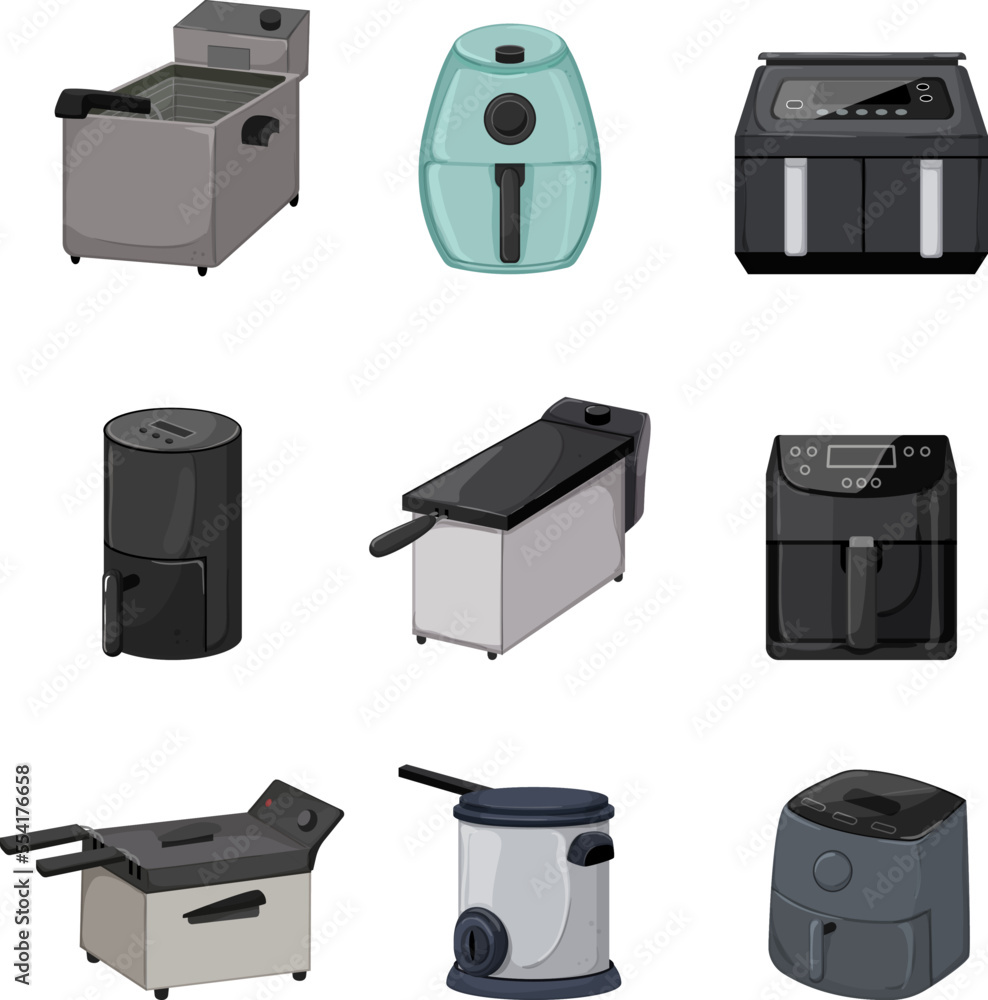 fryer air kitchen set cartoon. airfryer food, cooking fry, hot electric ...