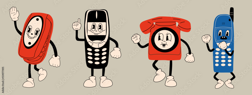 Set of three Old phone with antenna, Flip Phone. Cute cartoon character ...
