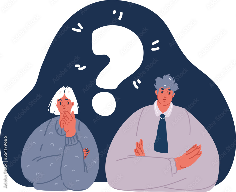 Cartoon vector illustration of Couple thinking. Confused people, doubt ...