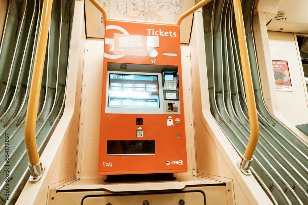 30 July 2022, Cologne, Germany: Ticket selling self-service terminal or ...